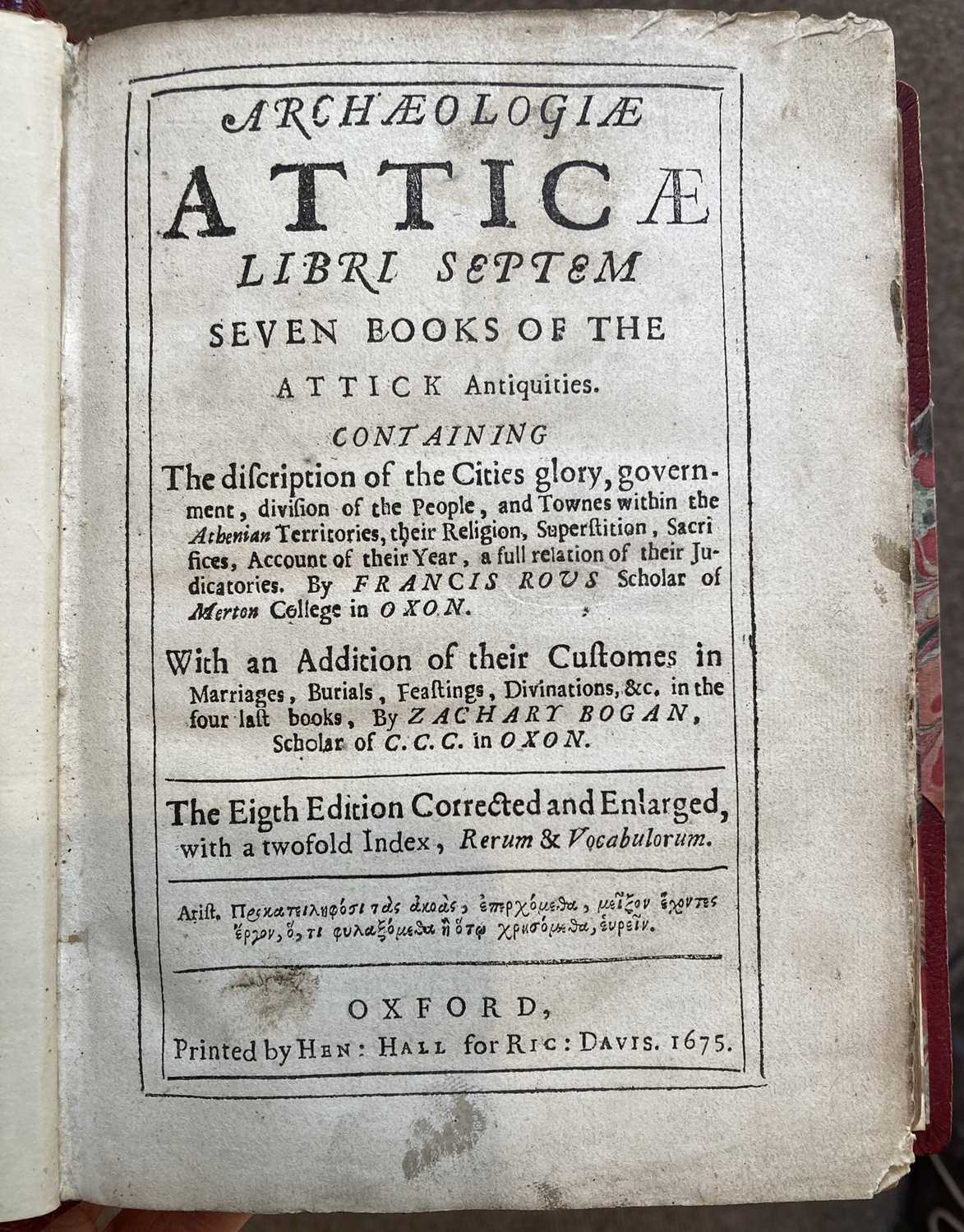 Lot 313 - Rous (Francis). Archaeologiae Atticae libri