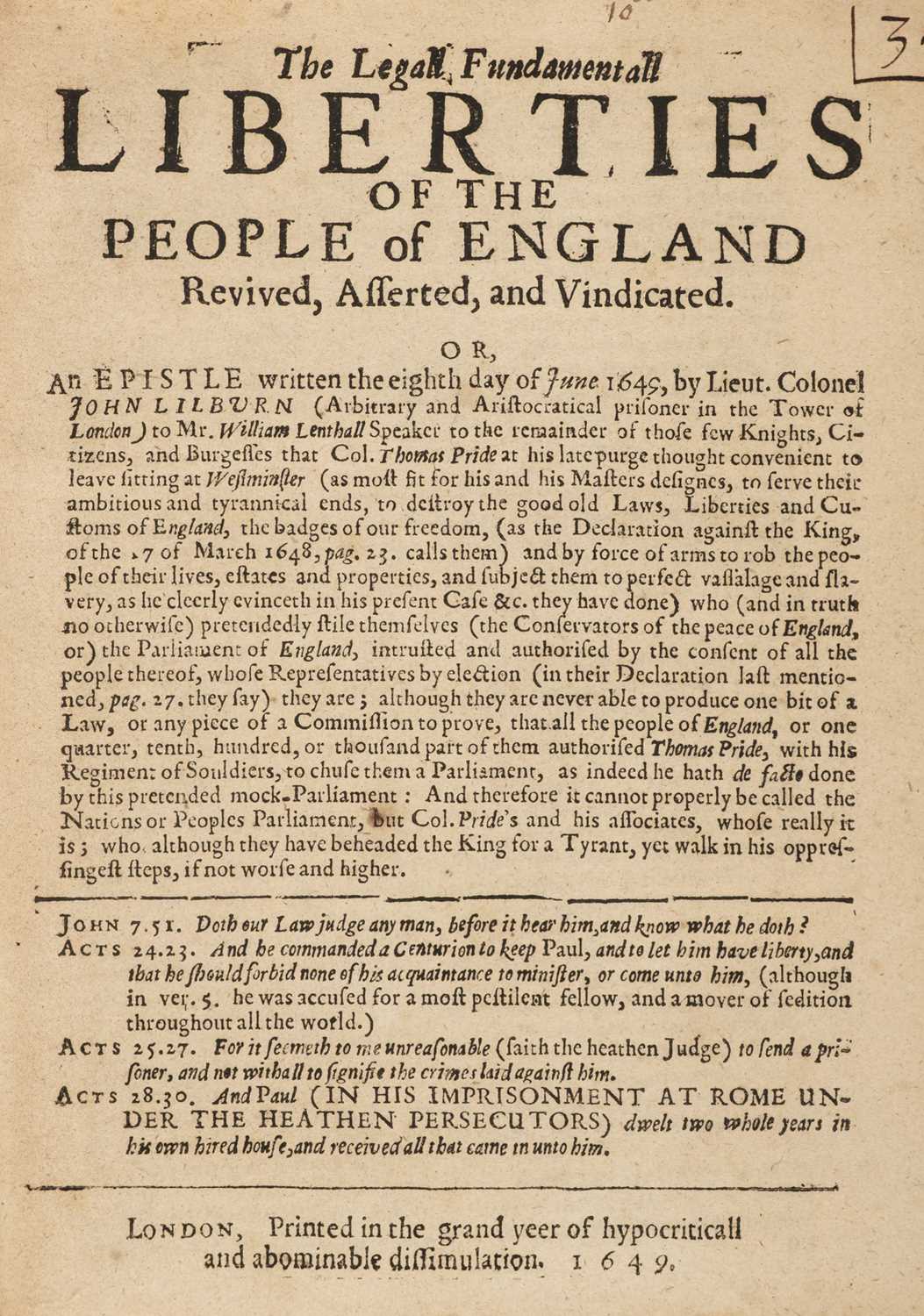 Lot 323 - English Civil War. - Lilburne (John). The