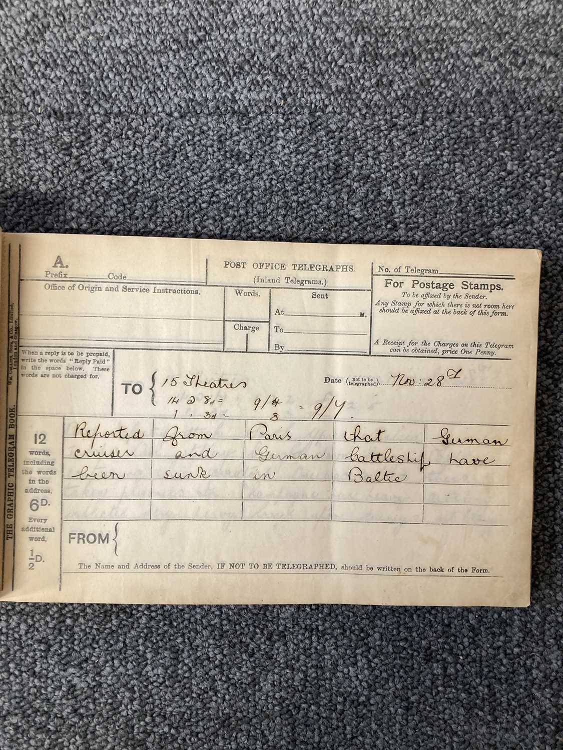 Lot 72 - WWI Telegrams. The Graphic Duplicate Telegram