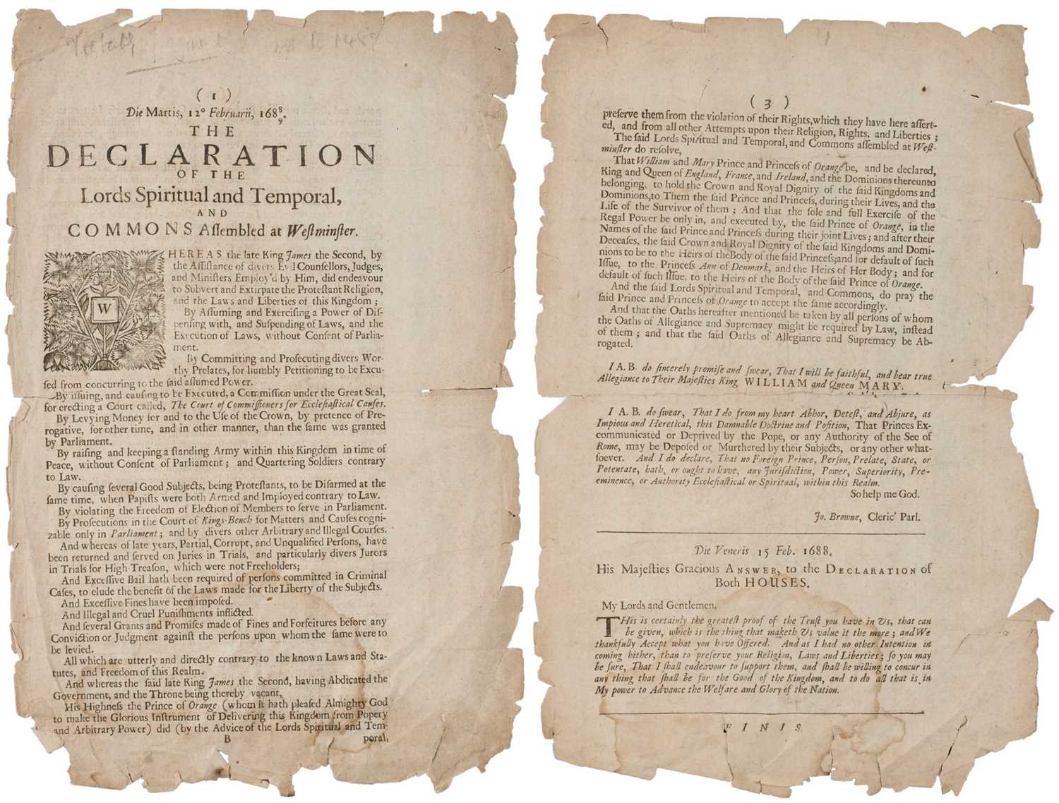 Lot 234 - Bill of Rights. The Declaration of the Lords