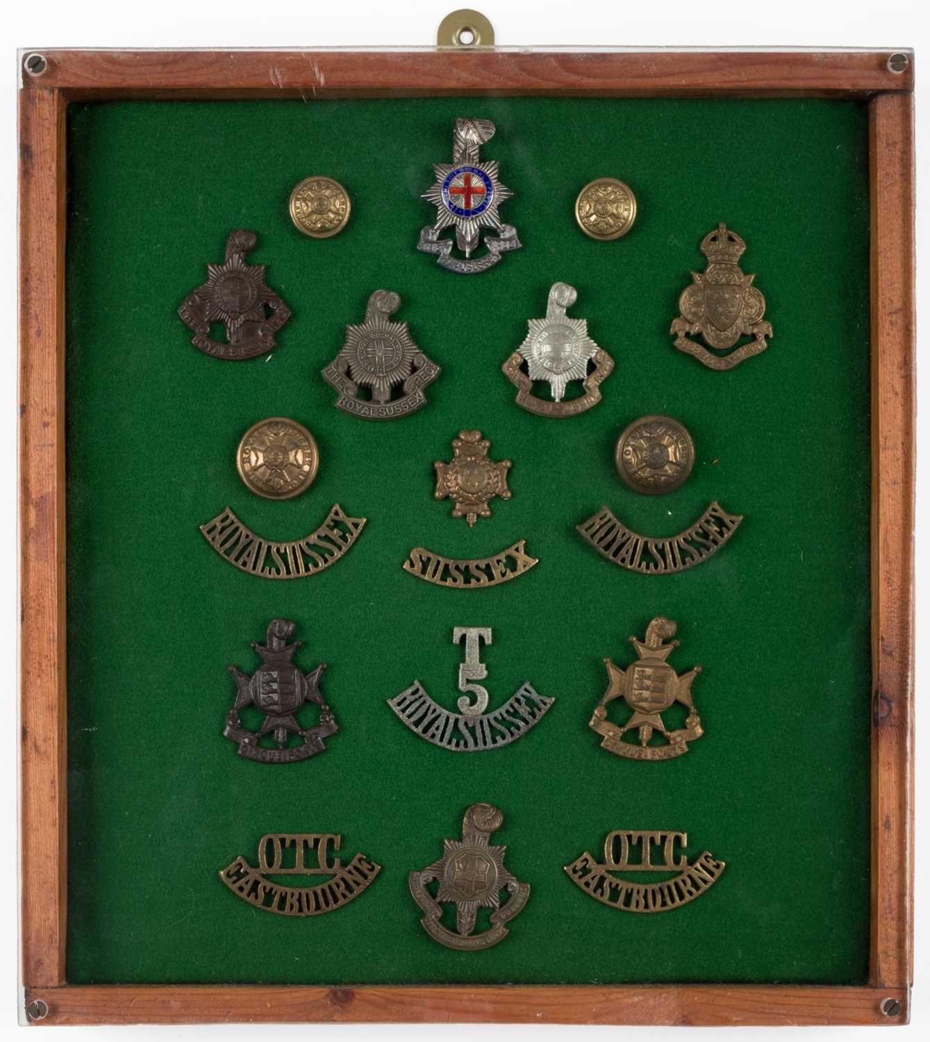 Lot 309 - Regimental badges. A framed collection of