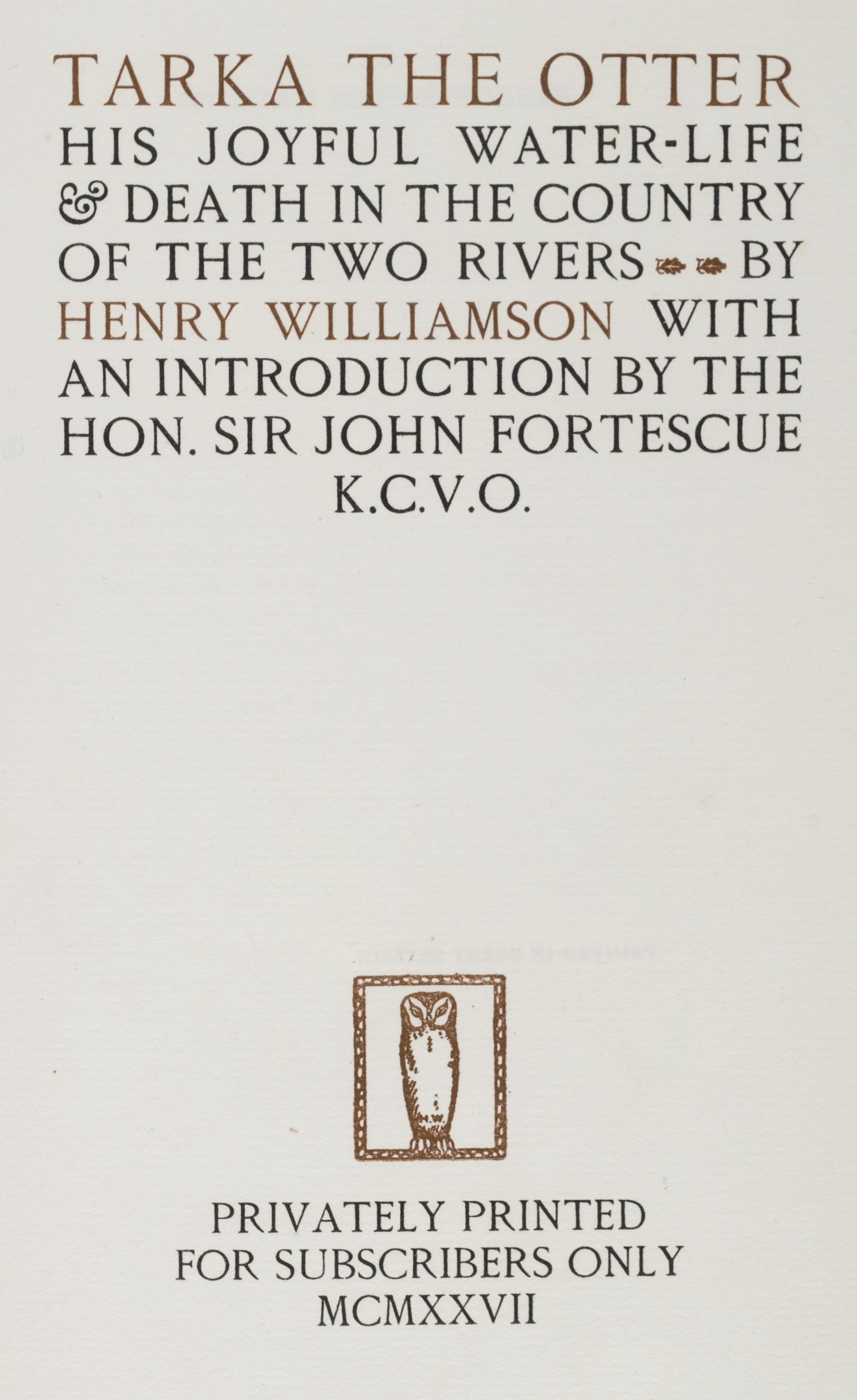 Lot 772 - Williamson (Henry). Tarka the Otter,